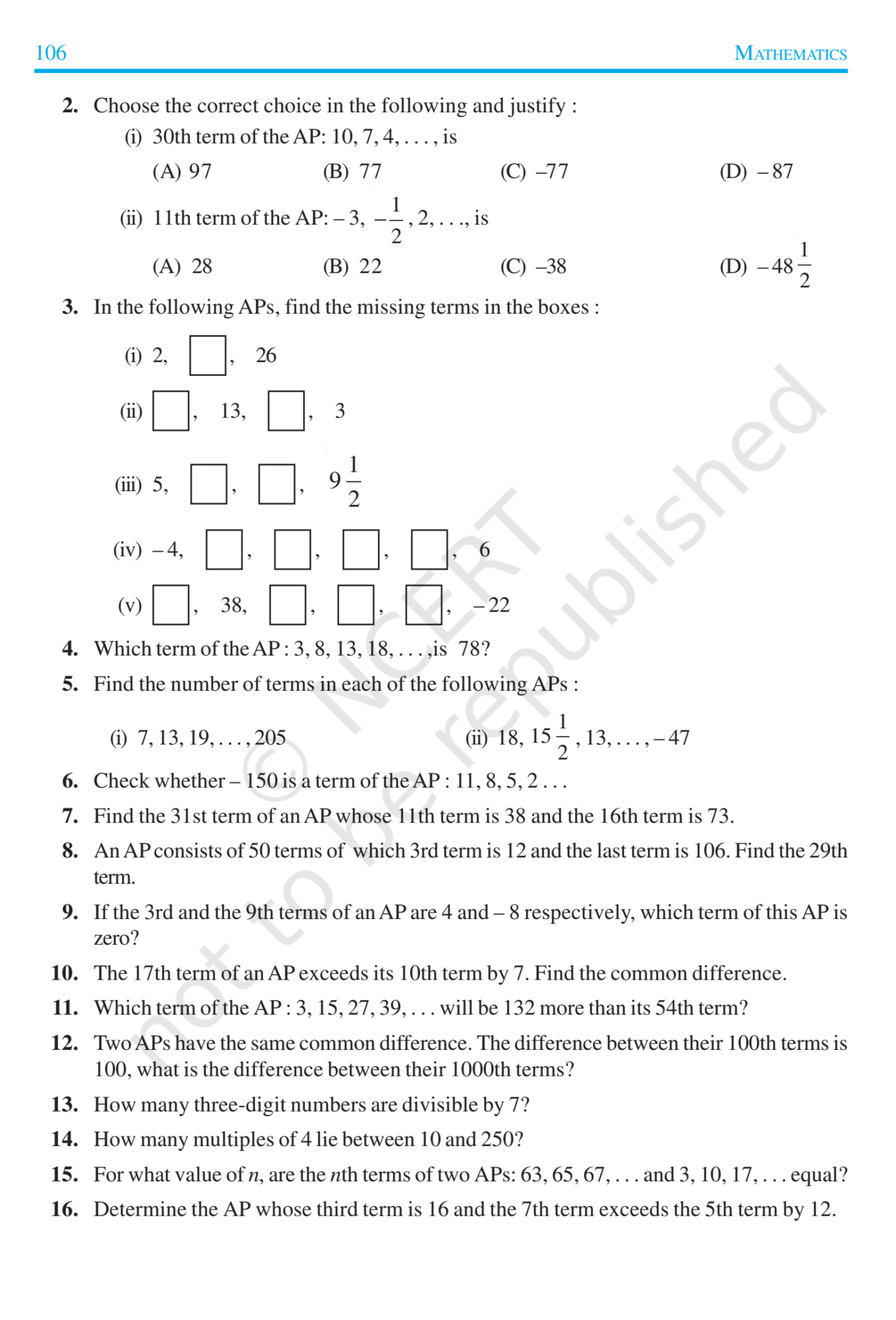 NCERT Book Class 10 Maths Chapter 5 Arithmetic Progressions