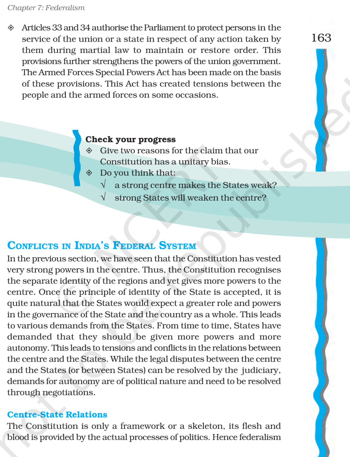 NCERT Book Class 11 (Political Science) Chapter 7 Federalism