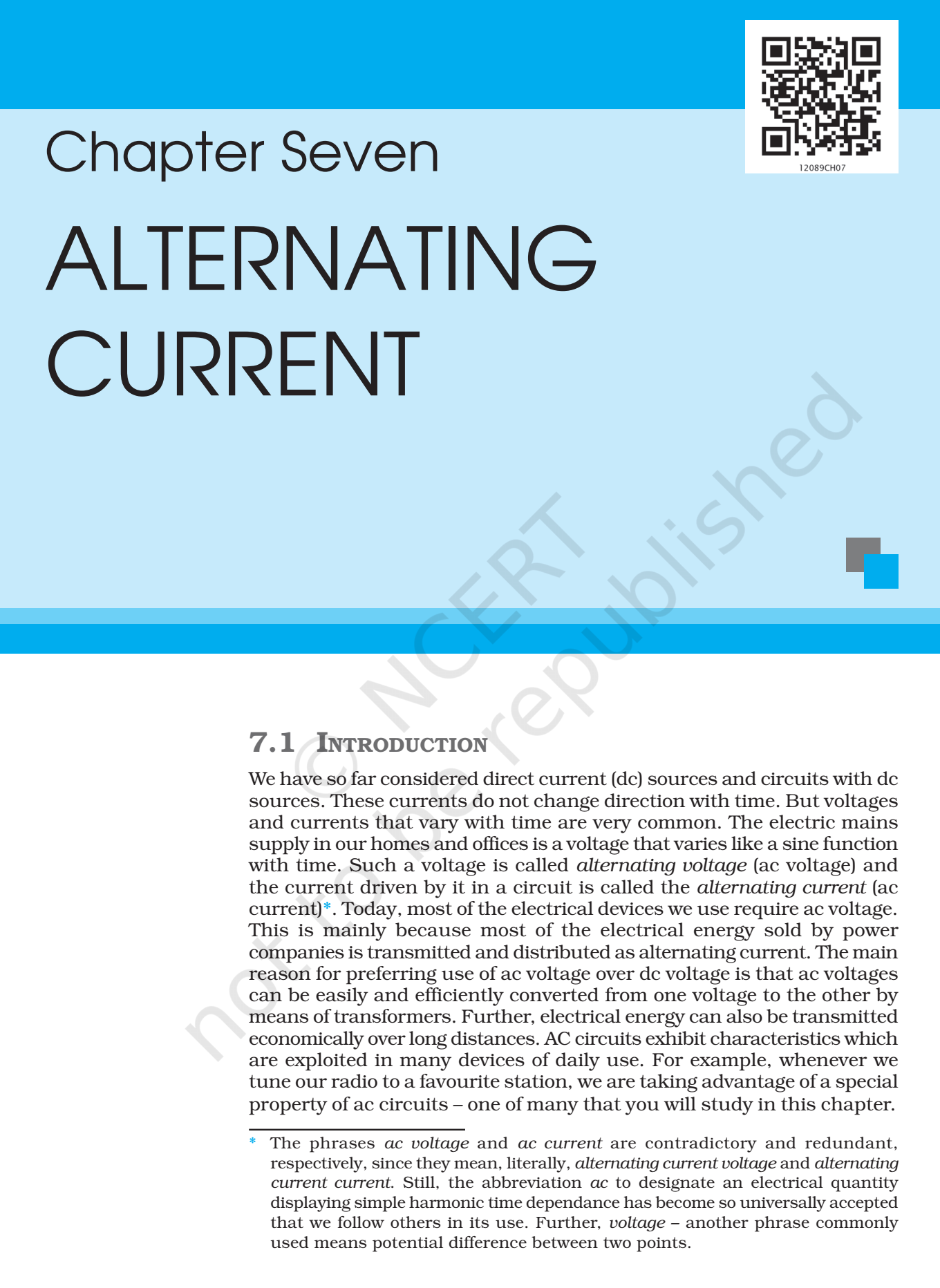 NCERT Book Class 12 (Physics) Chapter 7 Alternating Current